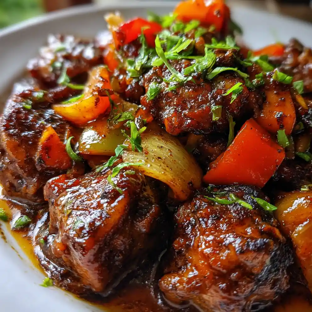 Brown Stew Chicken Recipe With Charred Scotch Bonnet Pepper Glaze