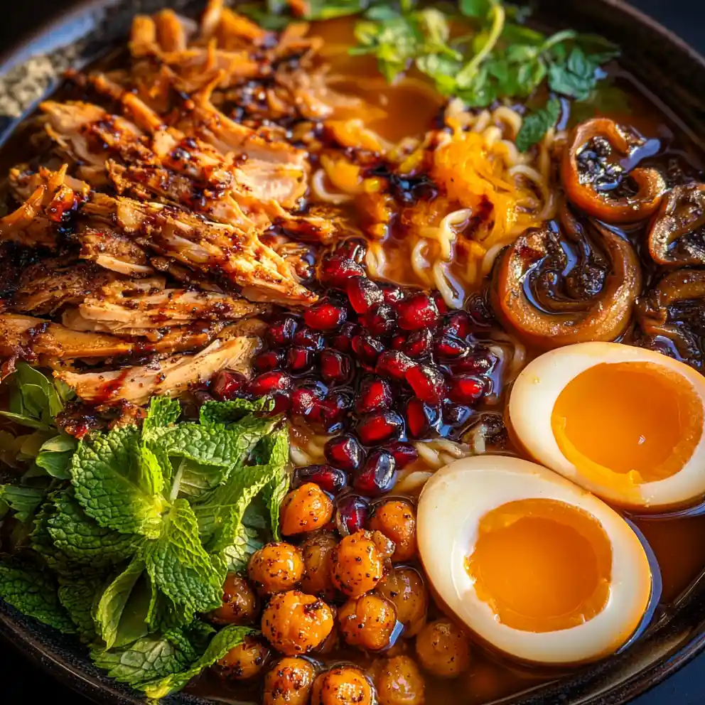 ramen noodle recipe with Za'atar-Spiced Chicken and Pomegranate Drizzle