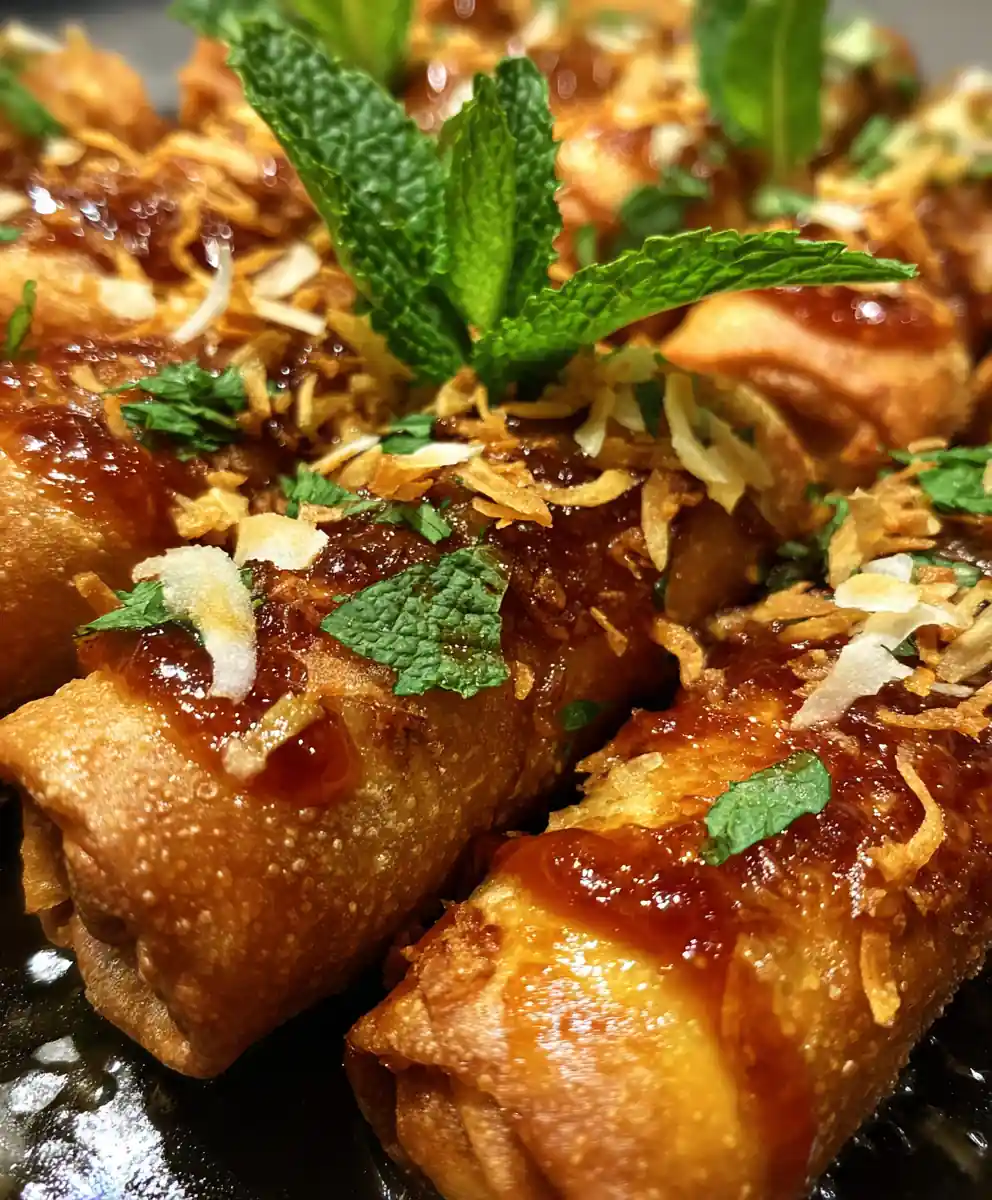 vegetable spring rolls recipe with Spiced Tamarind Glaze and Coconut Crunch