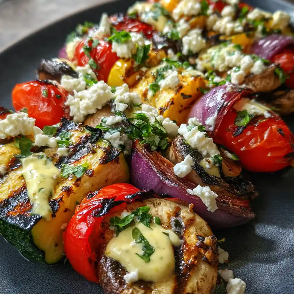 grilled veggies recipe with Creamy Lemon-Feta Drizzle