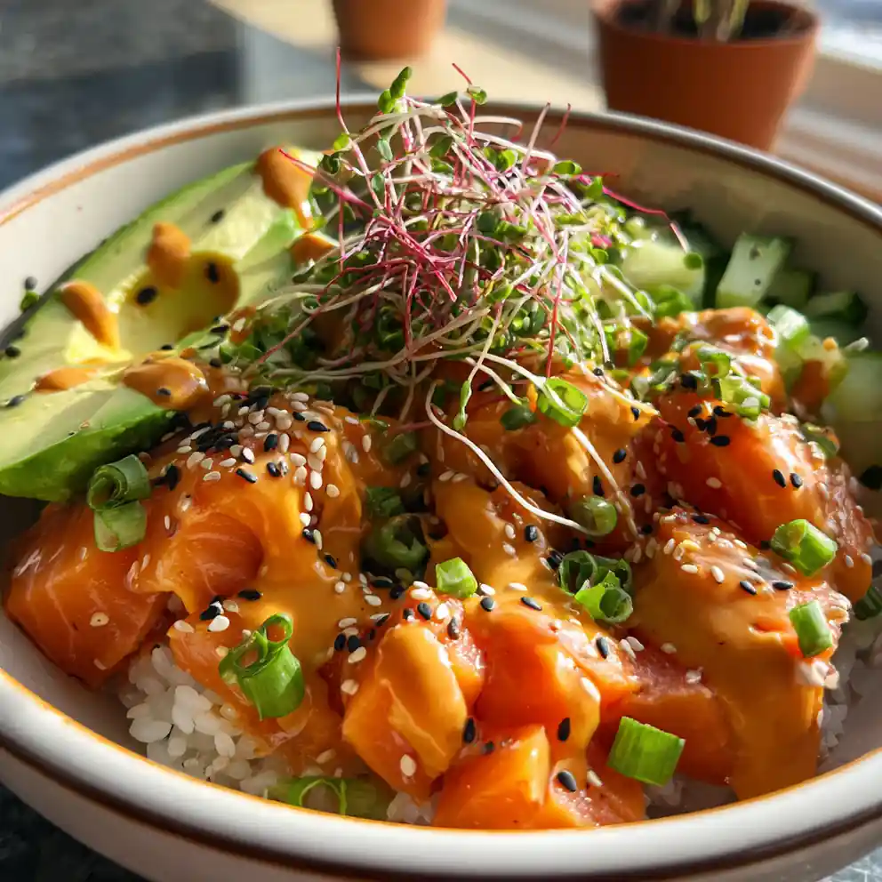 poke bowl recipe salmon with Creamy Gochujang-Sesame Drizzle