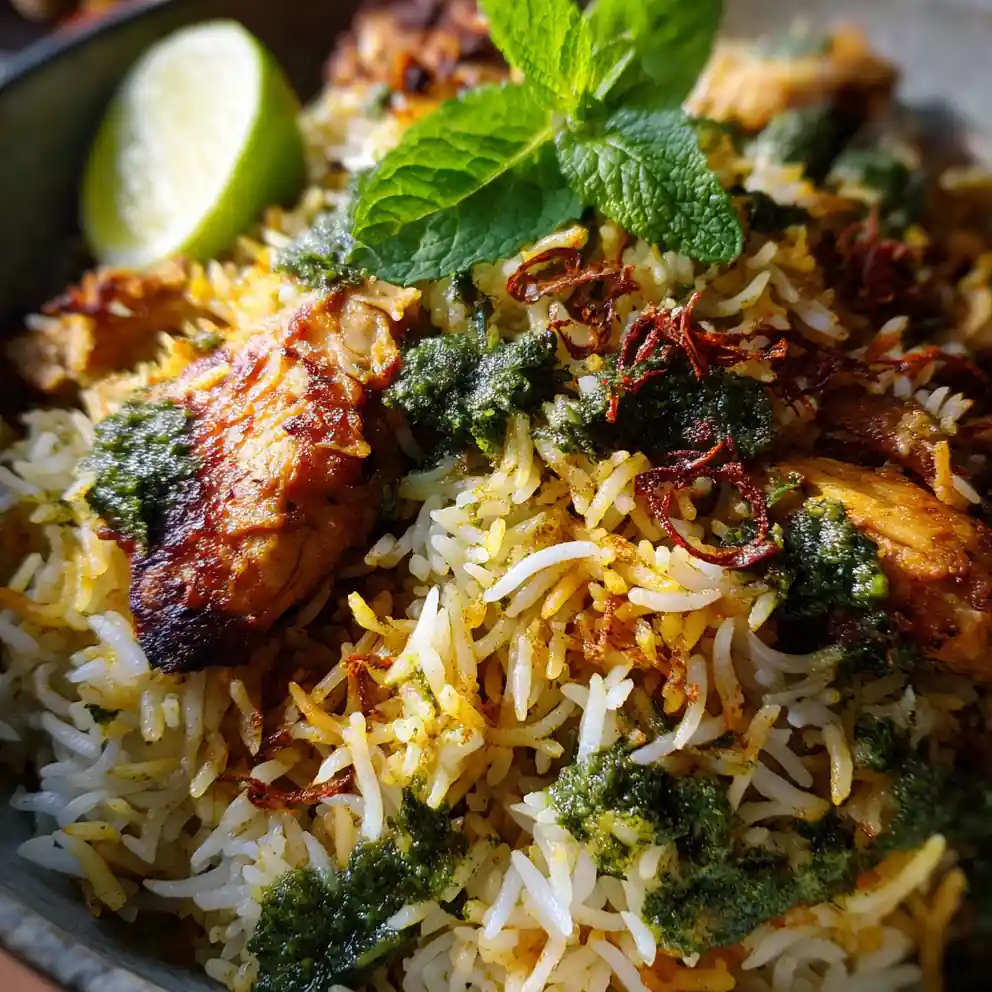 simple chicken biryani recipe with a vibrant green herb swirl