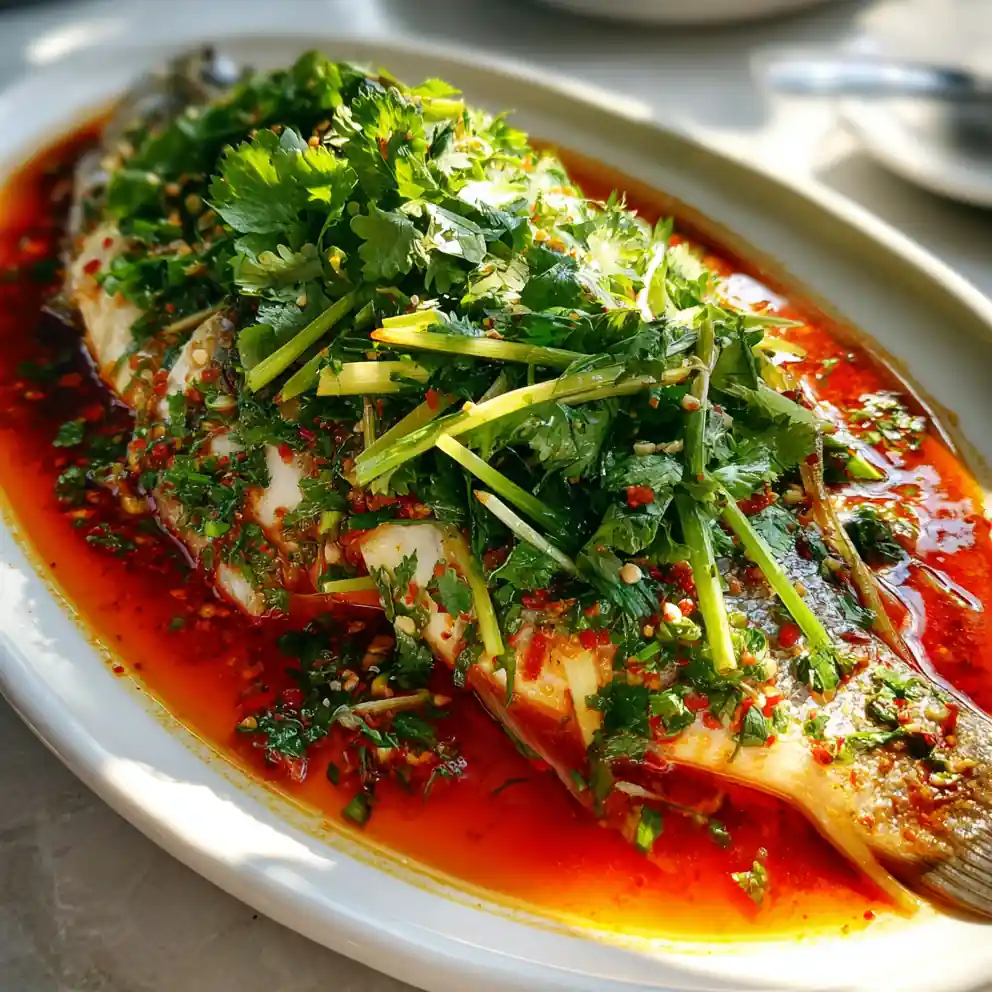 steamed fish recipe, Vibrant Herb and Chili Oil Drizzle