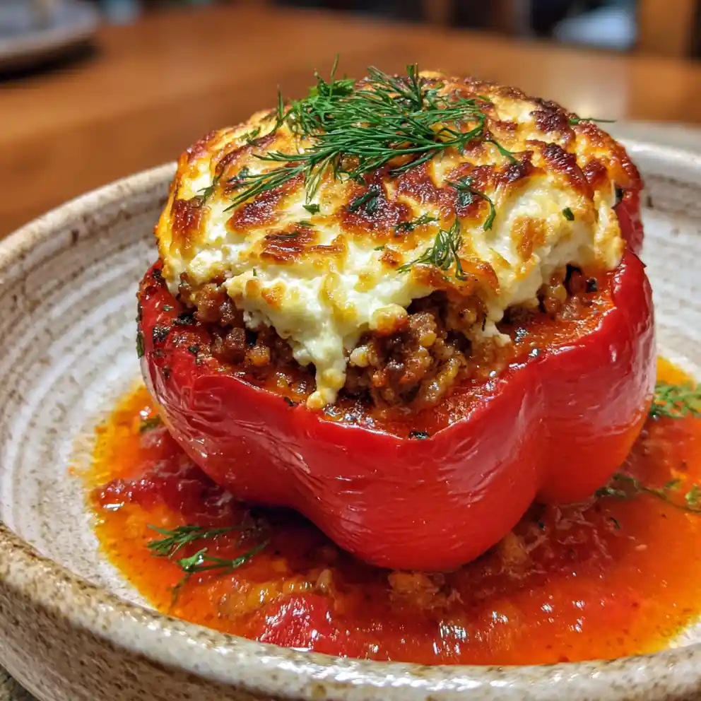 stuffed pepper recipe ground beef with Creamy Feta-Ricotta Swirl and ...