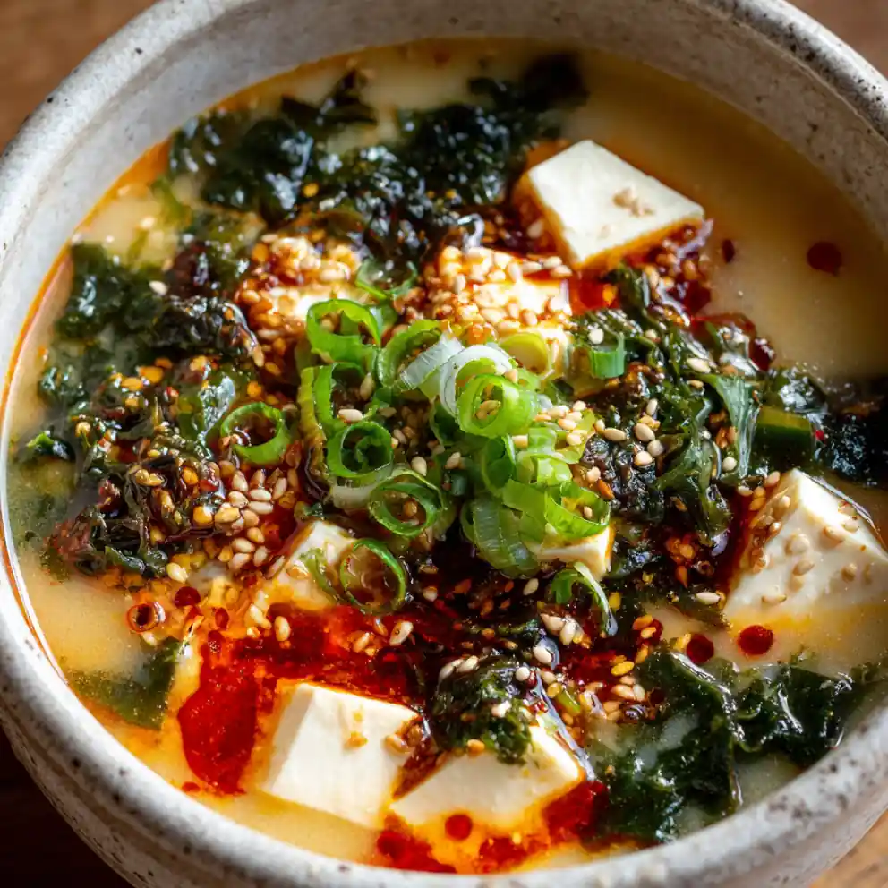 traditional miso soup recipe with a fragrant chili-ginger oil drizzle